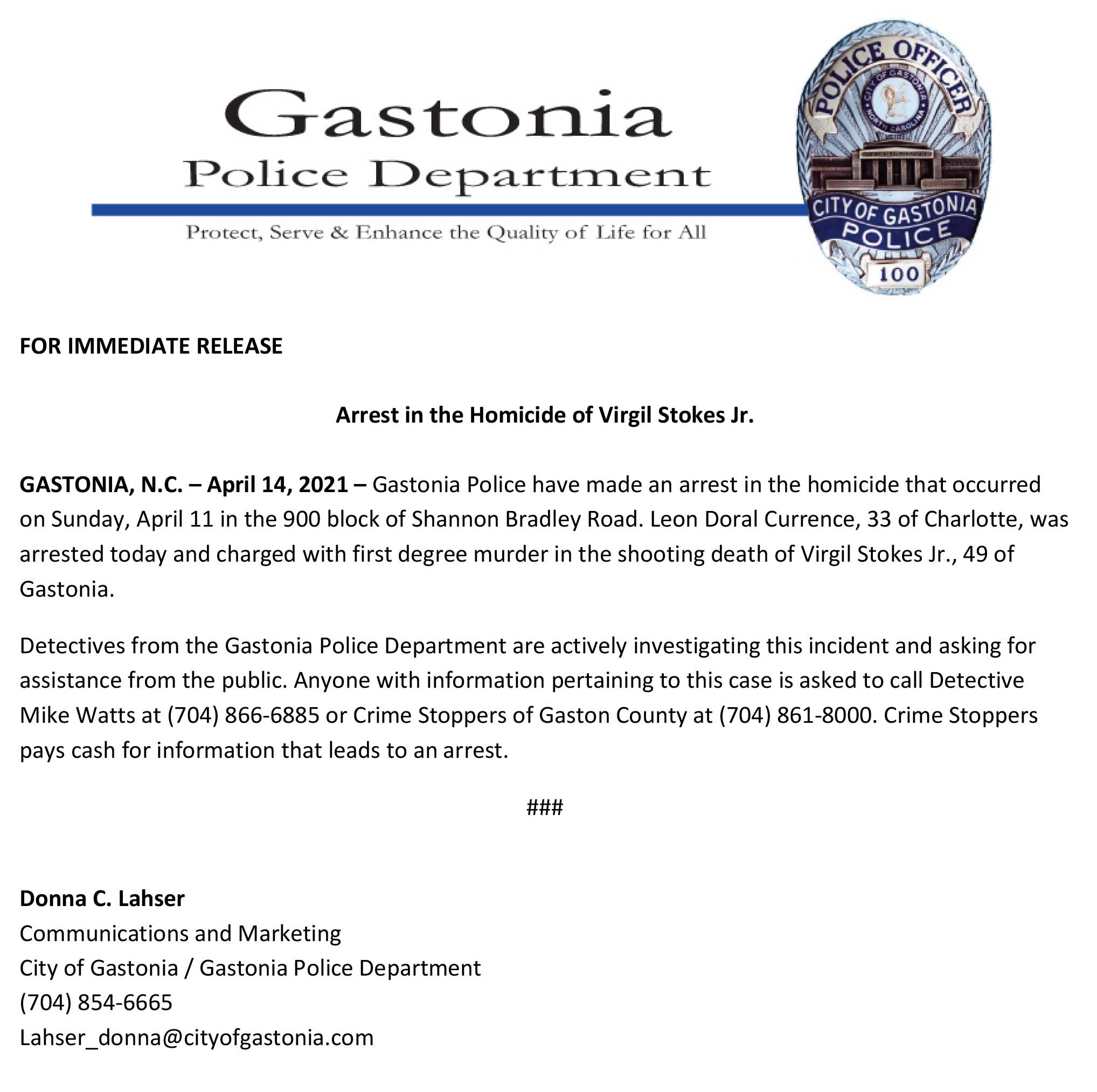City of Gastonia - April 14, 2021 Arrest in Homicide of Virgil Stokes Jr.